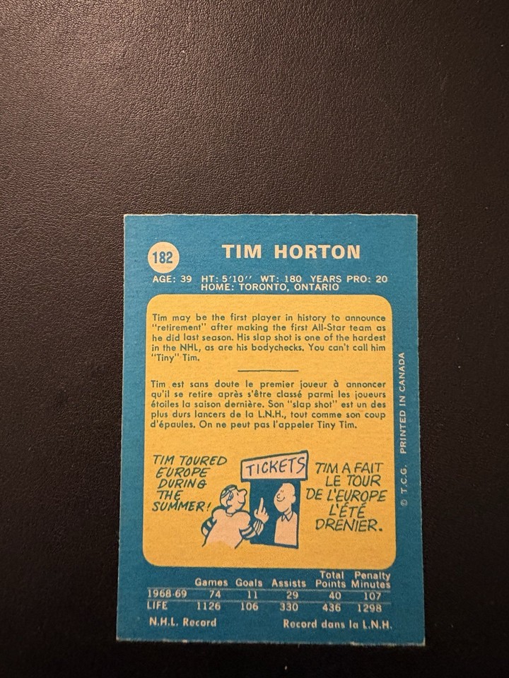 1969 O-PEE-CHEE 🇨🇦 #182 TIM HORTON HOF SHARP CENTERED BEAUTY! | eBay
