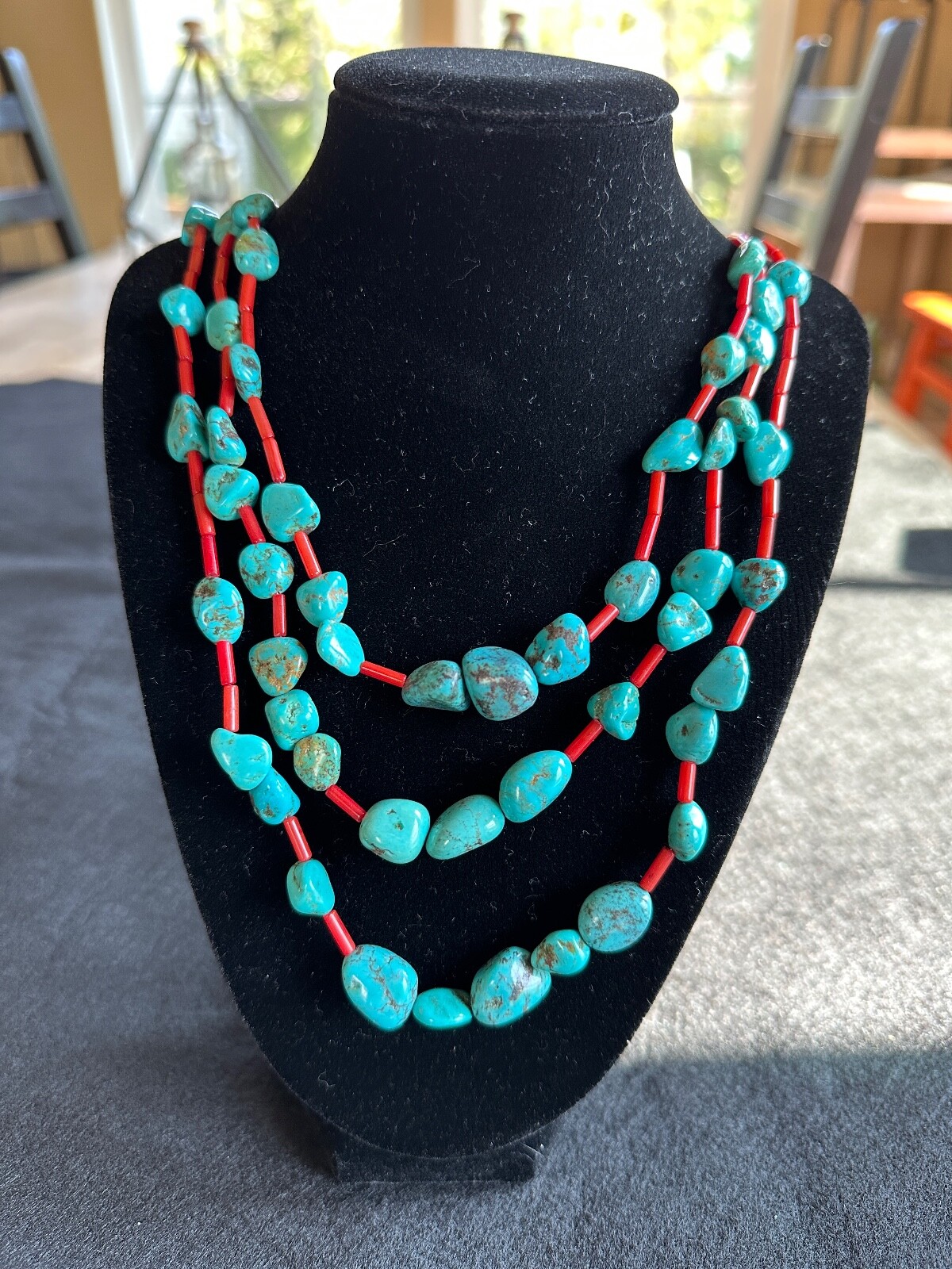 Triple Strand Turquoise and Coral Necklace with Bracelet, Native ...