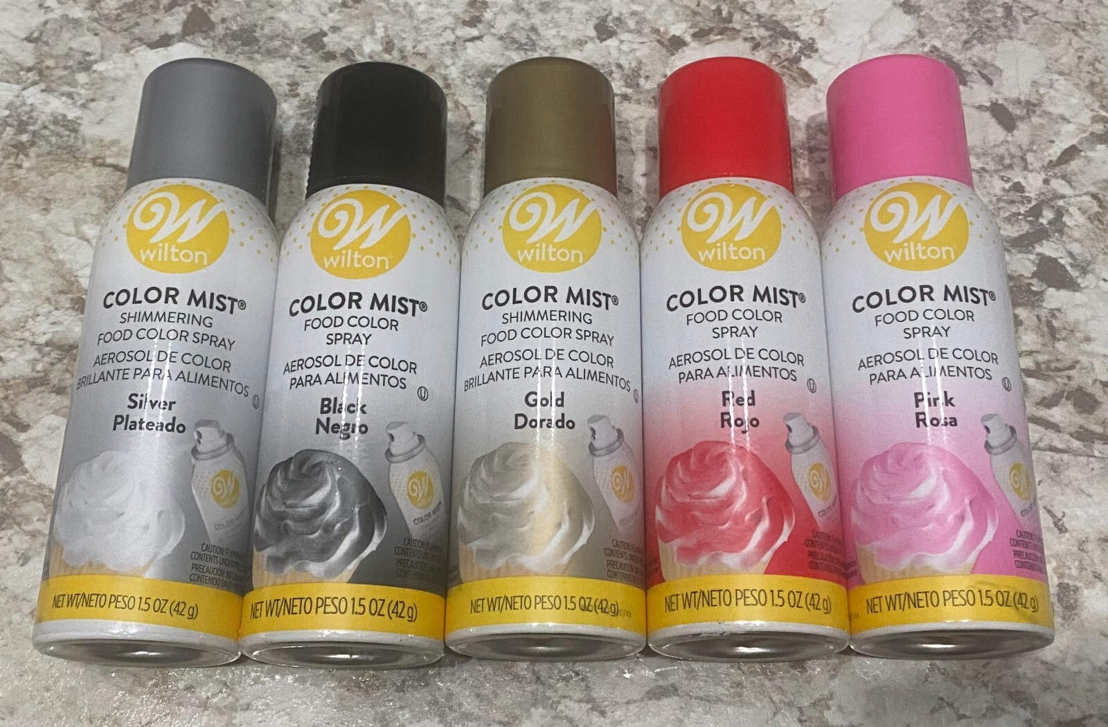 (Lot of 5) Wilton Mist Food Color Spray Mist Siver, Gold, Black, Pink ...