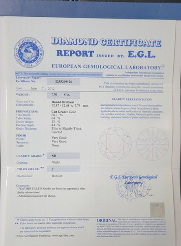 EGL Certificate 7.81ct Brilliant Round Excellent Cut Diamond J Color ...