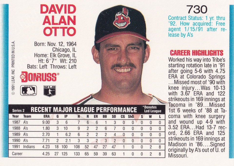 1992 Donruss #730 Dave Otto MLB Cleveland Indians + (Yes 3 Free Mystery ...