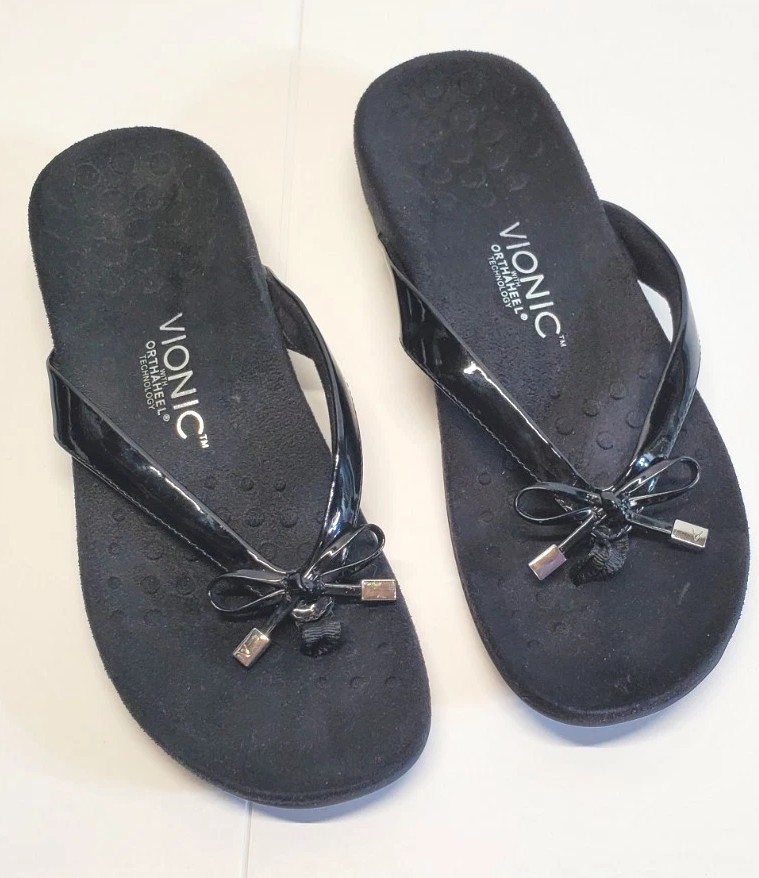 VIONIC Bella II Sandal Black Patent Leathr Bow Orthaheel Comfort Slip ...