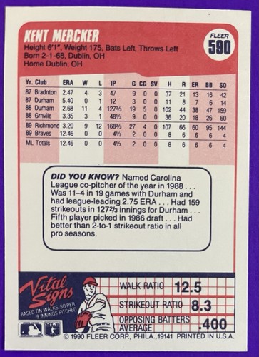 1990 Fleer Kent Mercker #590 Rookie RC (Condition? You be the judge ...