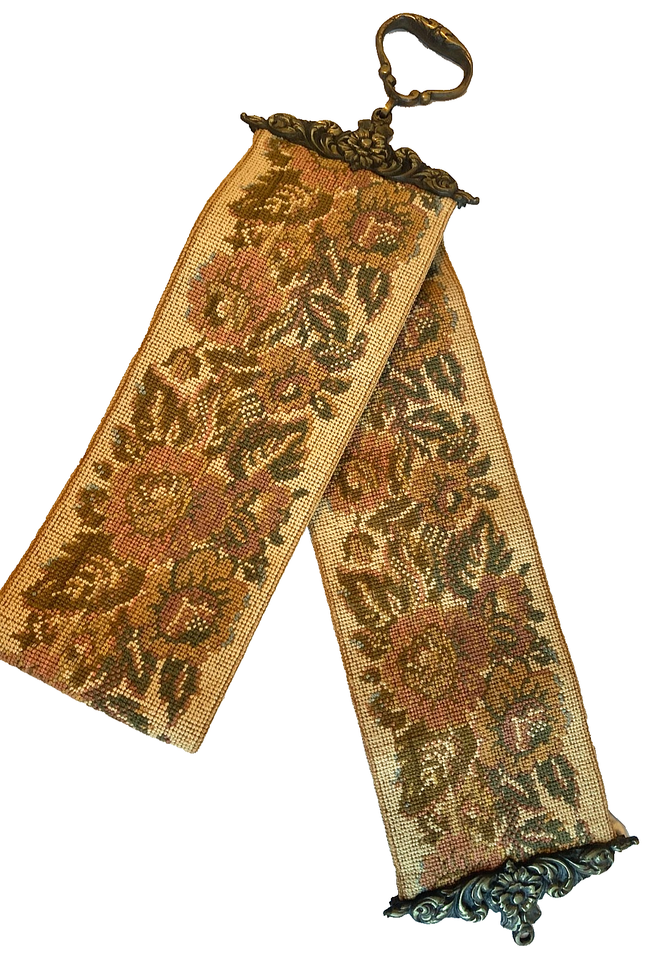 Vintage TAN FLORAL NEEDLEPOINT BELL PULL HANGING TAPESTRY Brass Handled ...