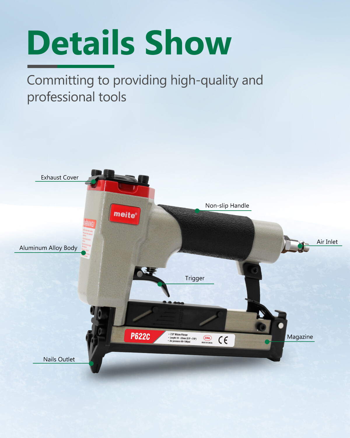 meite P622C 23 Gauge 1/2" - 7/8'' Headless Pin Nailer Micro Pin Nailer ...