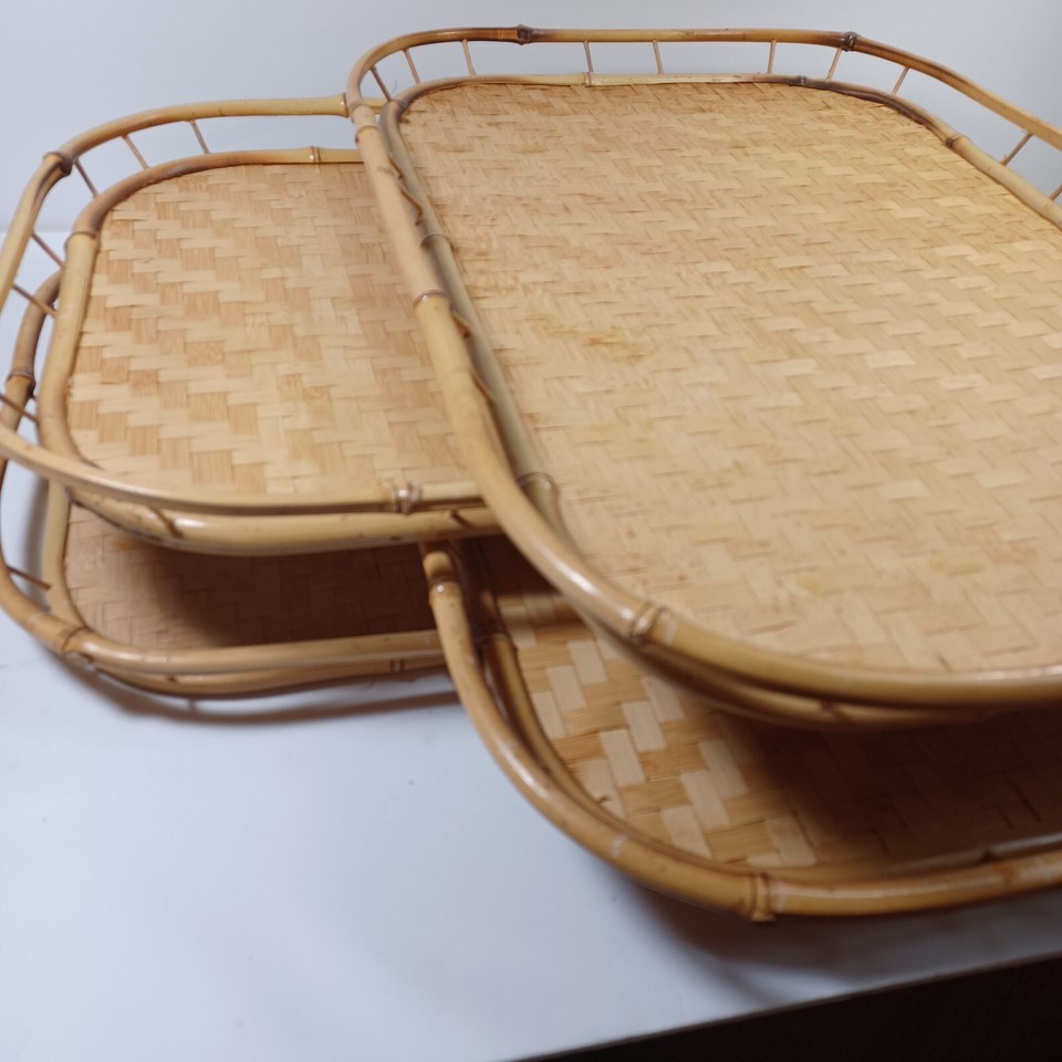 Rattan Tiki Bar Serving Trays Bamboo Woven Wicker 19x13" Set 4 Vintage ...