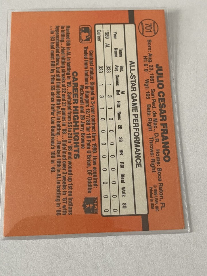 Julio Franco Quadruple ERROR Donruss 1990 Baseball Card 701 | eBay