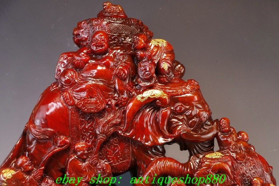 22''Old Chinese Red Shoushan Stone Carved Arhat Rohan Elephant ...