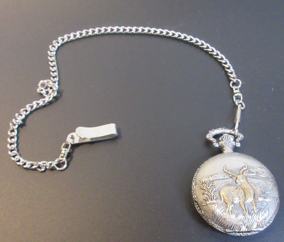 DETAILS QUARTZ POCKET WATCH WITH DEER AND WATCH FOB~JAPAN MOVEMENT | eBay