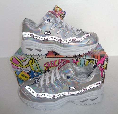 Skechers Ladies Shiny Comfort Foam Silver Chunky Trainers Shoes New UK ...