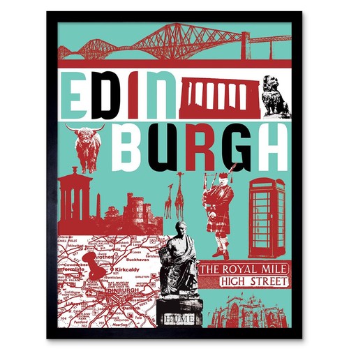 Edinburgh Collage Scotland Typography City Landmarks 12X16 Inch Framed ...