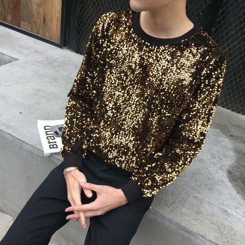 Sequin Men's Sweater Bling Pullover Long Sleeve Glitter Shirt Top ...