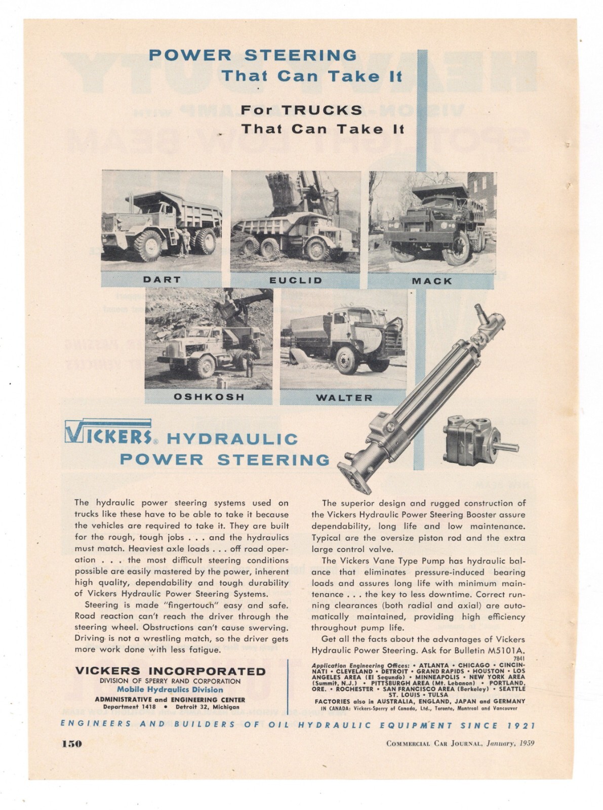 1959 Vickers Power Steering Ad: Dart, Euclid Oshkosh, Mack & Walter ...