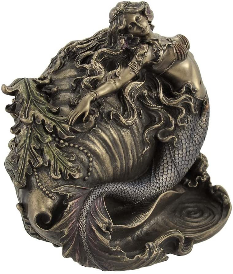 Mermaid & Conch Shell Trinket Box Nautical Décor Statue Bronze Finish ...