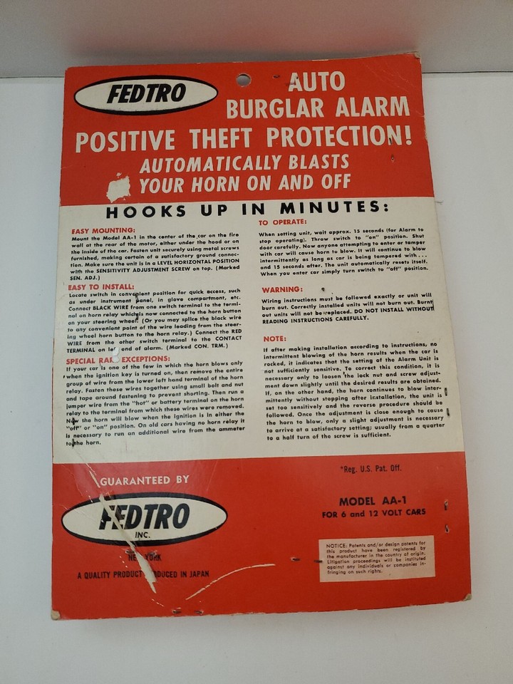 1964 Fedtro Auto Burglar Alarm 6 & 12V Domestic Foreign Cars Vintage ...