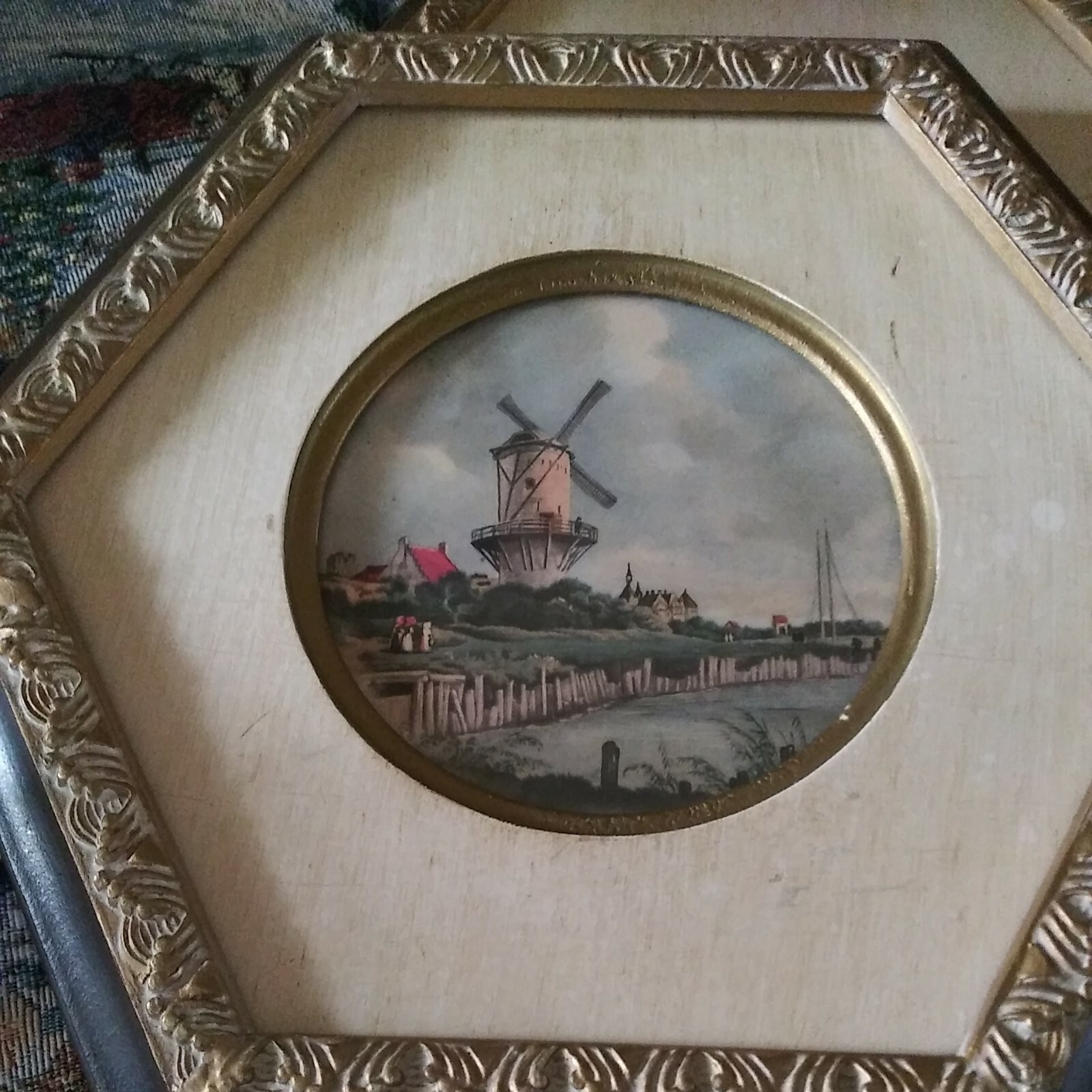 Vtg Set of 4 Hexagonal Wood Framed Old World Country Europe/ Dutch Art ...