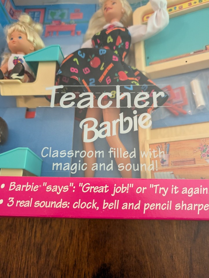 VTG NIB Teacher Barbie Doll Set Classroom Two Students Blackboard 1994 ...