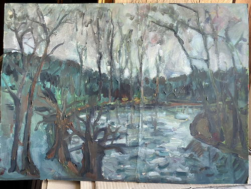 River November Oil Painting Expressionist Antique° Trees Shore Canopy ...