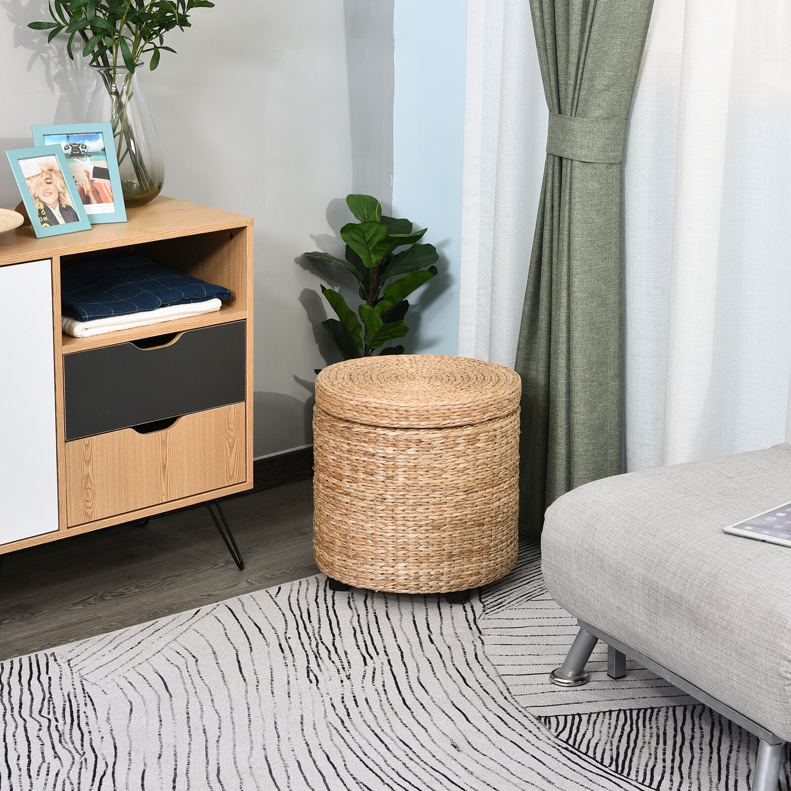 Sitzhocker mit Stauraum Fußhocker Aufbewahrungsbox Stroh Rattan Khaki ...