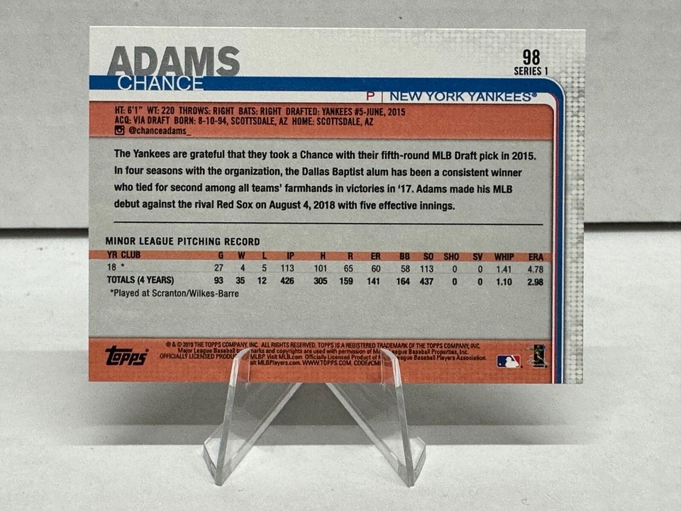 2019 Topps Series 1 Baseball Card #98 Chance Adams RC New York Yankees ...