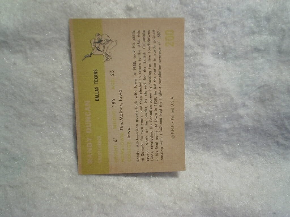 1961 FLEER RANDY DUNCAN ROOKIE FOOTBALL CARD #200,Dallas Texans,iowa ...