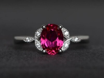 2ct Lab-Created Engagement Ring Oval Ruby LeafAccent Solitaire White ...