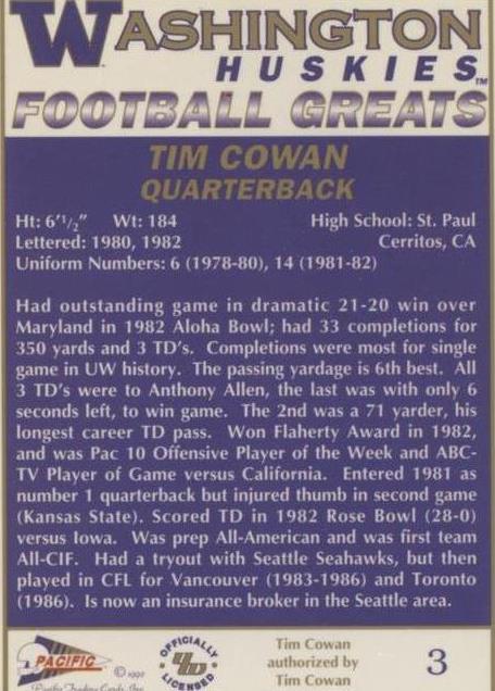 1992 Pacific Washington Huskies Football Greats Tim Cowan #3 | eBay