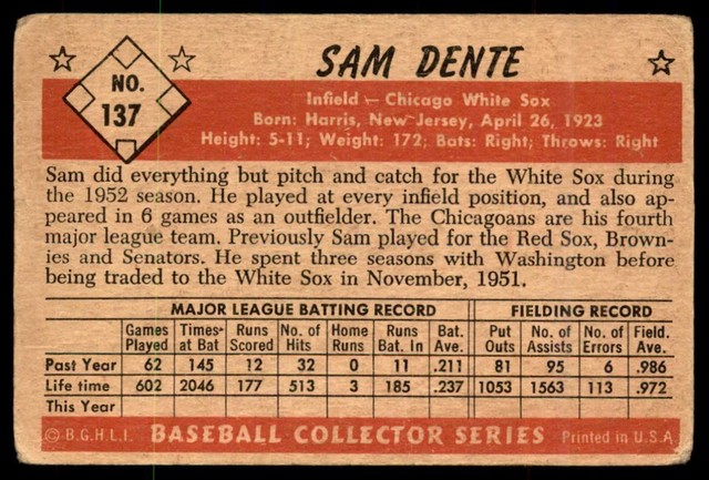 1953 Bowman Color - #137 Sam Dente for sale online | eBay