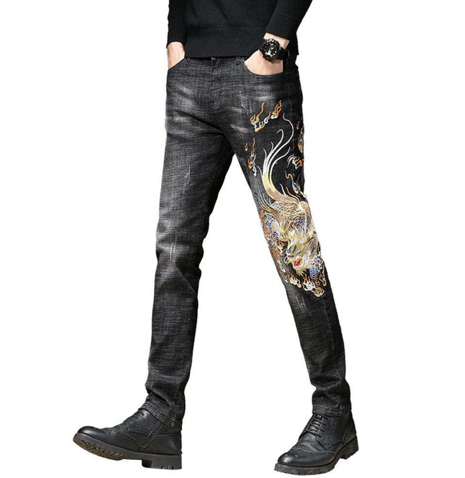 Men's Black Blue Dragon Embroidery Straight Stretch Jeans Denim Pants ...