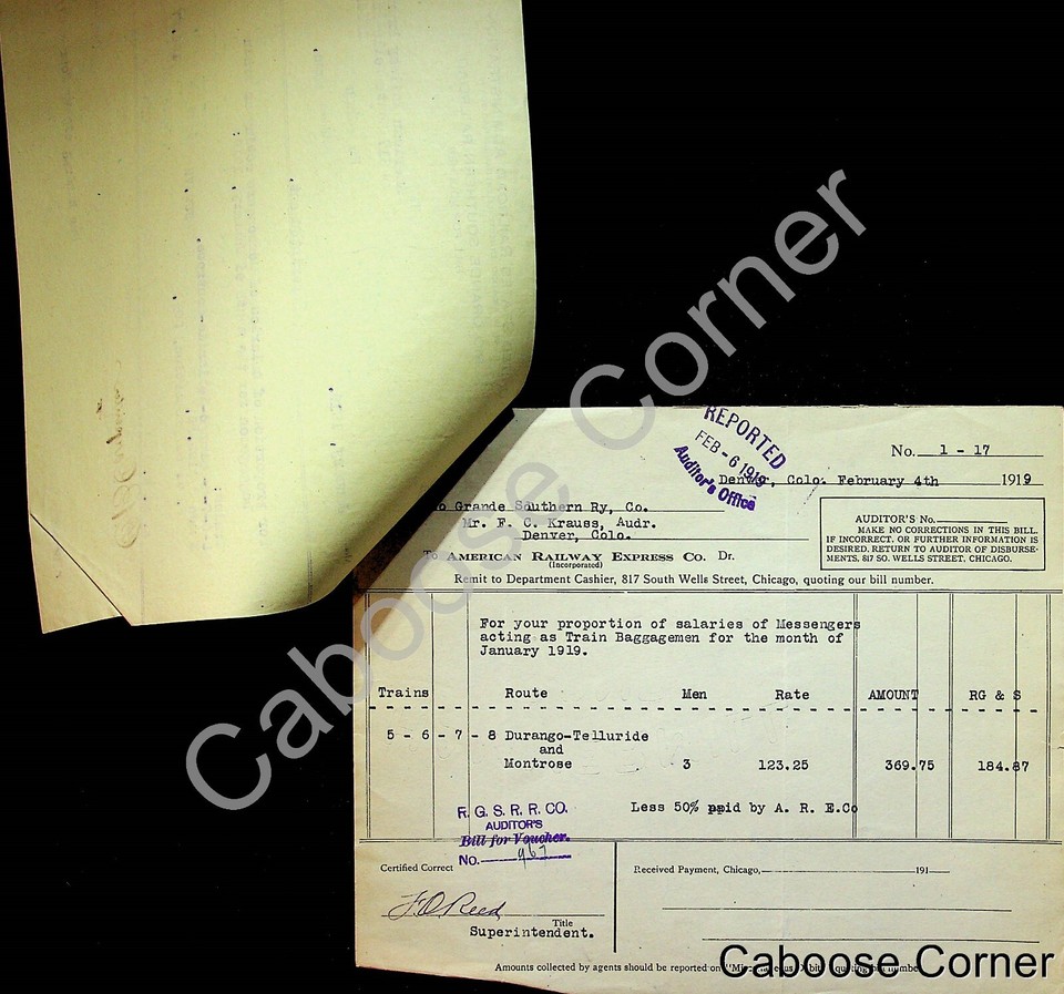 RGS Rio Grande Southern Railroad Form 120 & Bill For Voucher 120A Jan ...