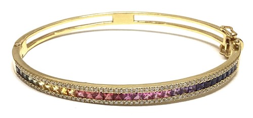 18K Solid Yellow Gold Rainbow Bracelet Multicolor Lab Created Sapphire ...