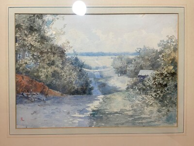 antique original landscape farm trail realism watercolor painting ...