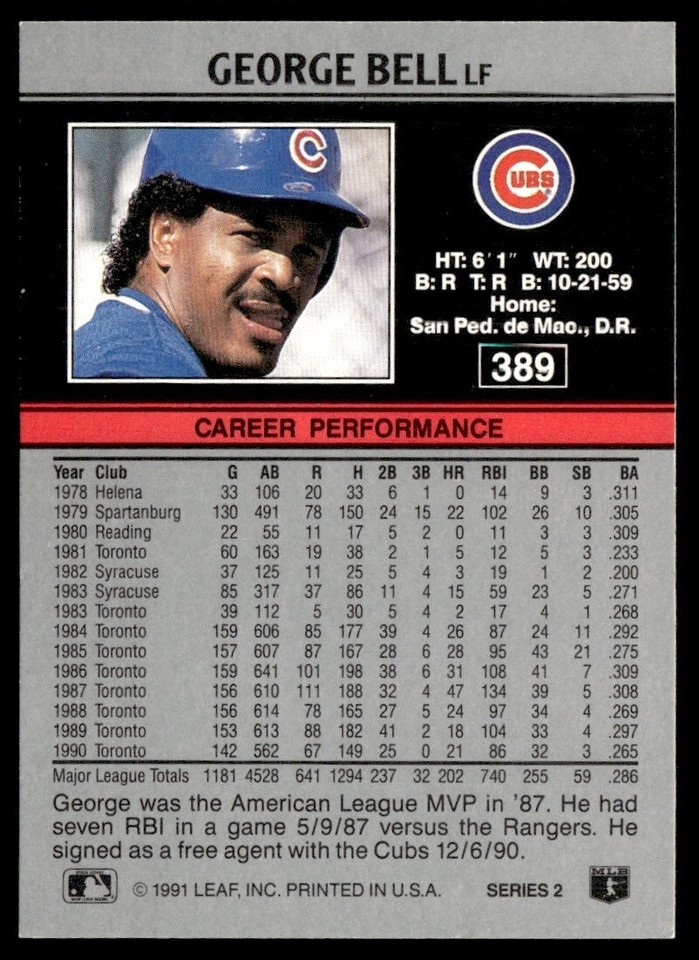 1991 Leaf George Bell Chicago Cubs #389 | eBay