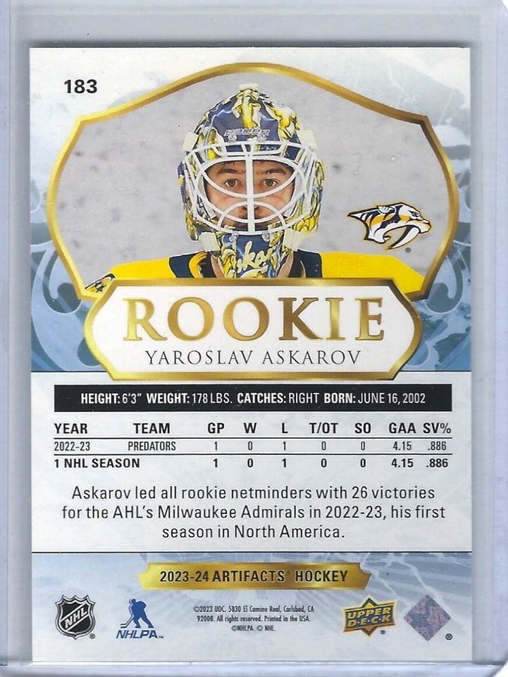 2023-24 Upper Deck Artifacts Rookies /999 Yaroslav Askarov #183 Rookie RC | eBay