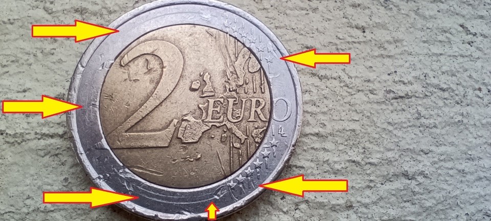 ERROR 2 EURO COIN Greece-NUMBERS missprint+extra metal+Die Chip ERROR ...
