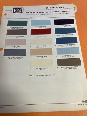 1960 MERCURY AUTOMOTIVE R & M, Exterior Paint Color Chip Chart Sheet ...