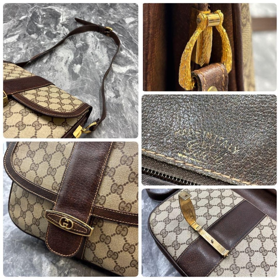 GUCCI Leather PVC Shoulder Bag Beige Brown GG Vintage Gold Hardware Old ...