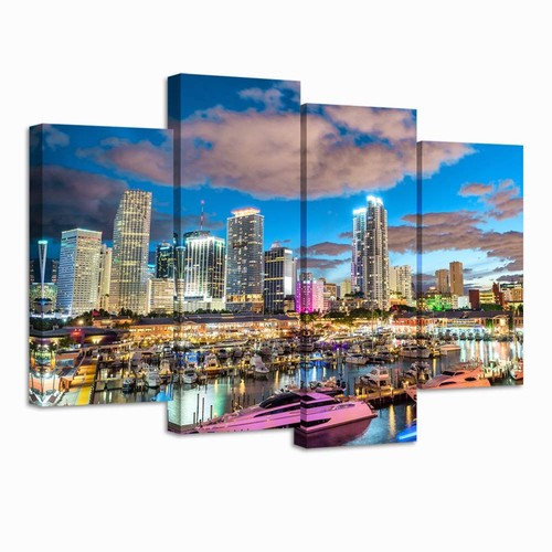 4 Pieces City Canvas Wall Art Miami Night Skyline Picture Canvas Print ...