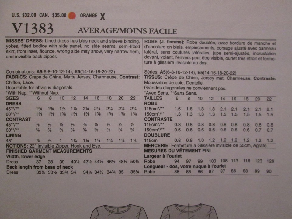 Vogue 1383 Donna Karan New York DKNY Lined Dress Pattern 6-14 Short ...