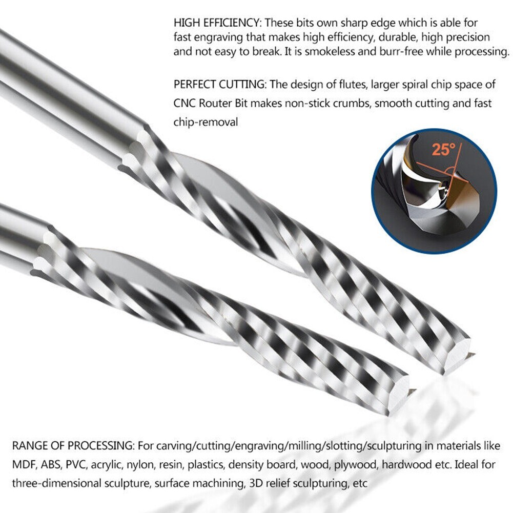 10Pcs Carbide End Mill O Flute Upcut End Mill CNC Router Bit 1/8 Shank ...