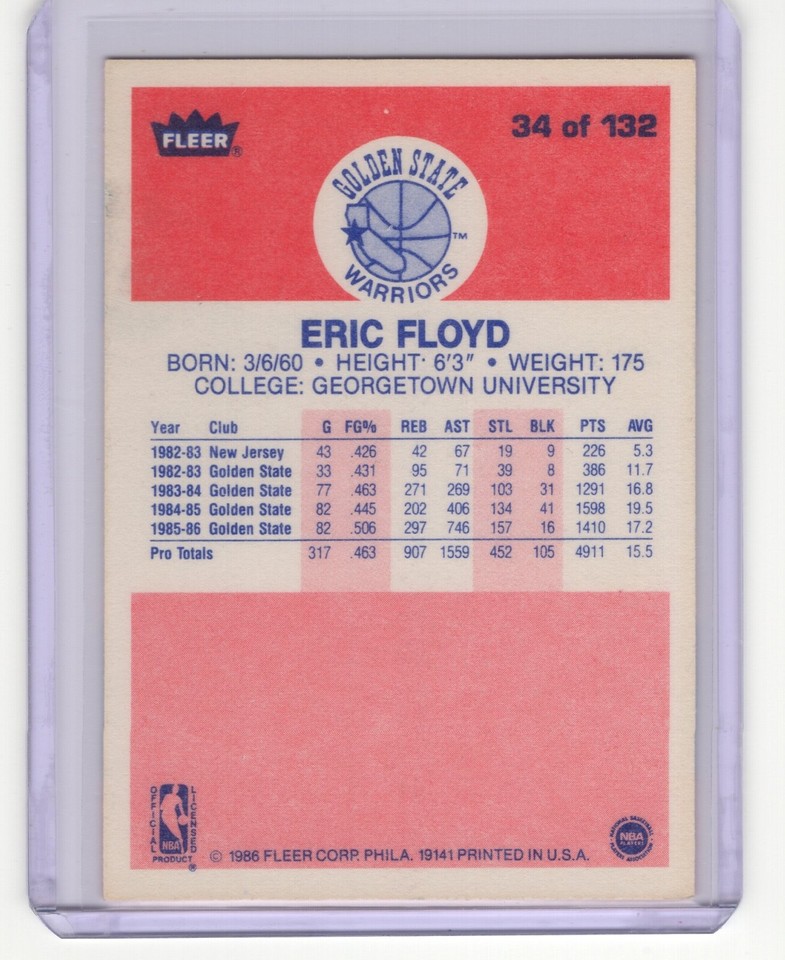ERIC FLOYD 1986 FLEER NBA BASKETBALL CARD #34 WARRIORS NICE! | eBay