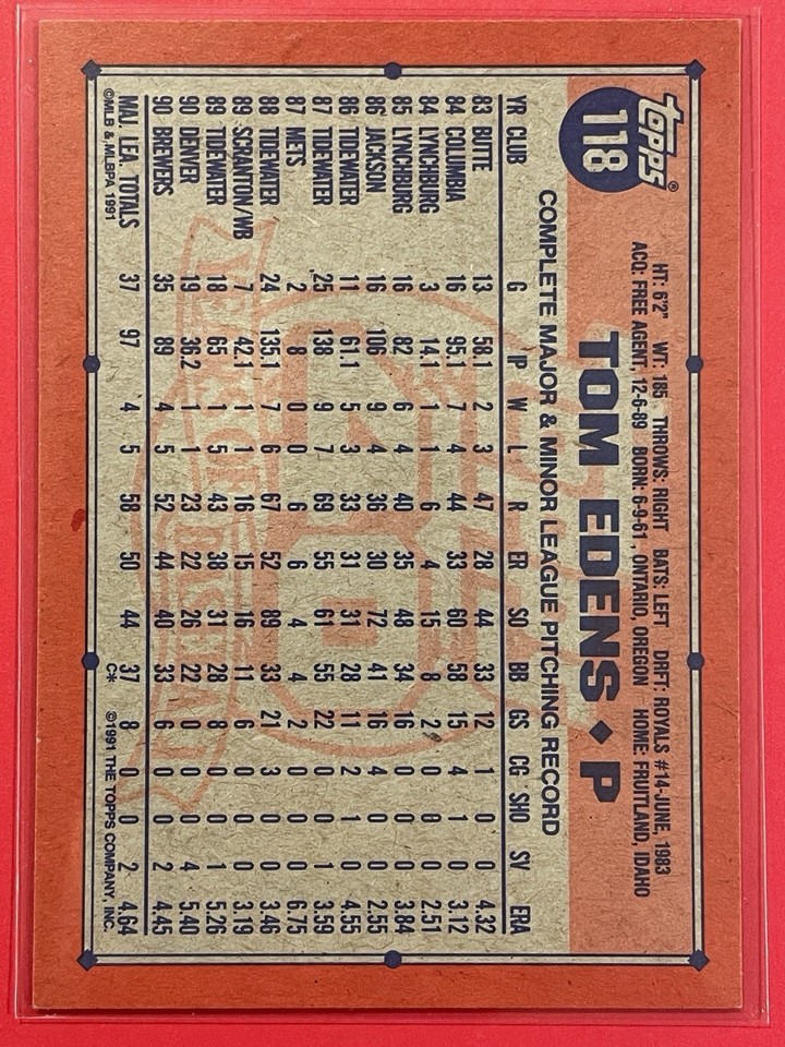 1991 Topps Operation Desert Shield Tom Edens Rookie RC #118 Baseball ...