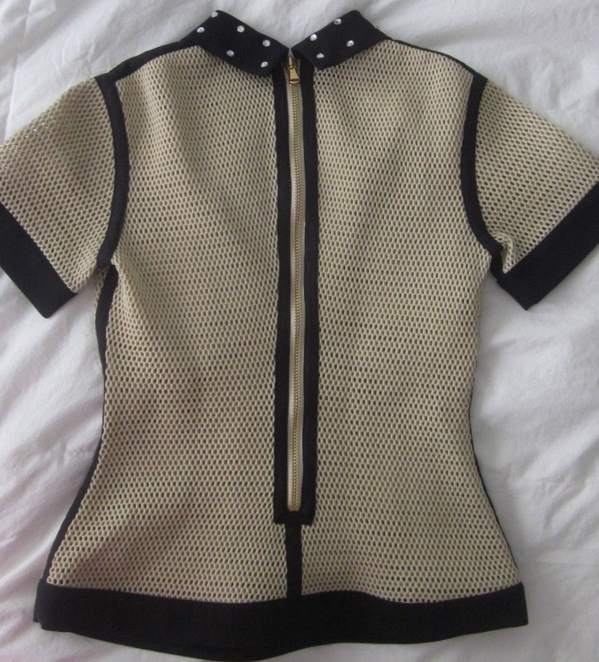 Moschino Scuba Mesh Top Rhinestone Black Collar Expose Gold Zipper USA ...