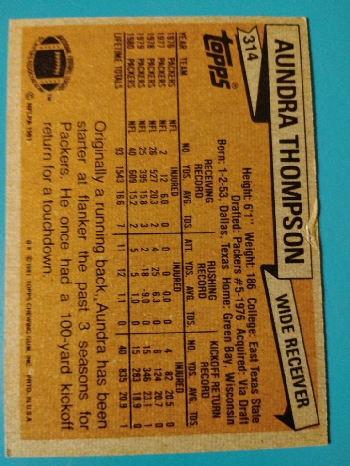 1981 Topps - #314 Aundra Thompson (RC) | eBay