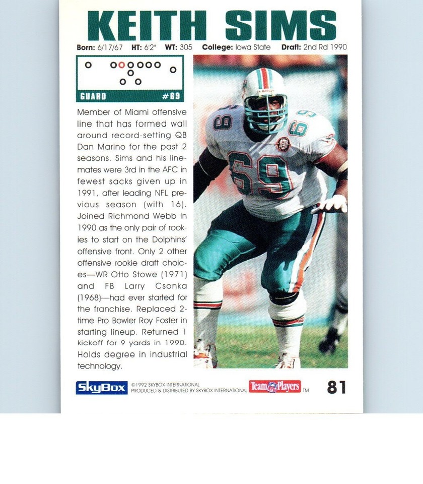 Keith Sims 81 Dolphins 1992 Skybox NFL Football Trading Card | eBay
