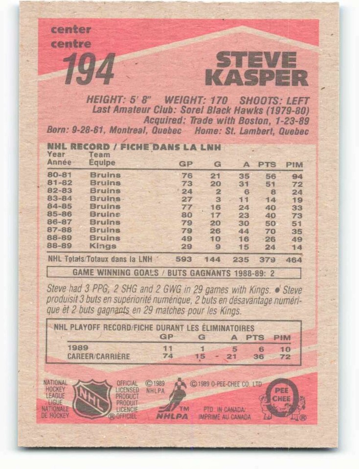 1989-90 O-Pee-Chee #194 Steve Kasper NM-MT Kings Los Angeles Kings | eBay