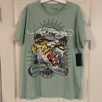 Ed Hardy Roaring TIGER Tattoo "BEFORE HONOR" Mint Green T-Shirt Mn's L ...