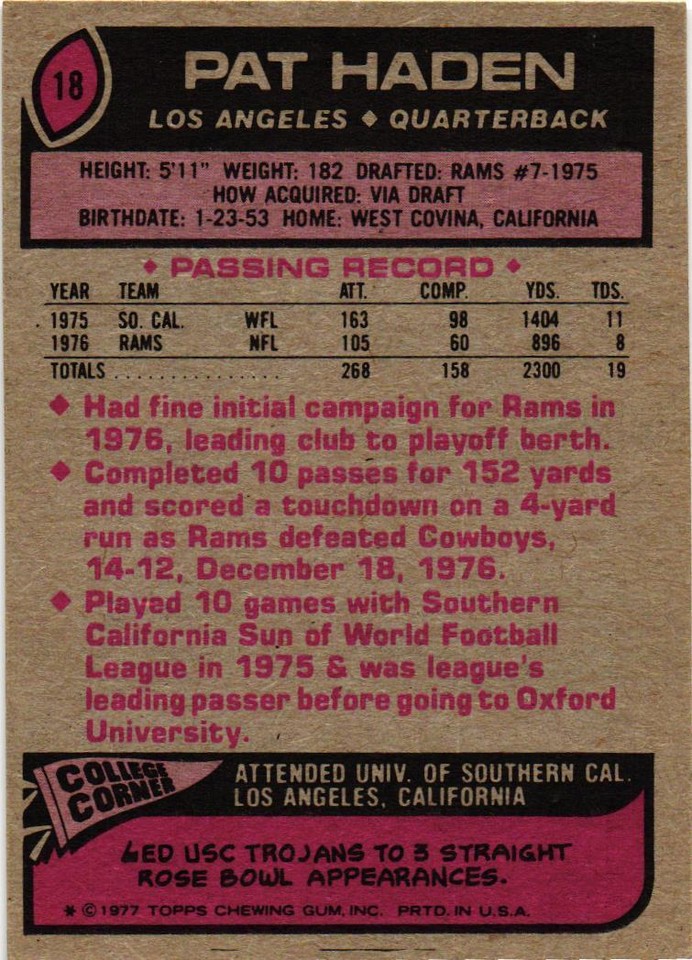 1977 Topps #18 Pat Haden | eBay