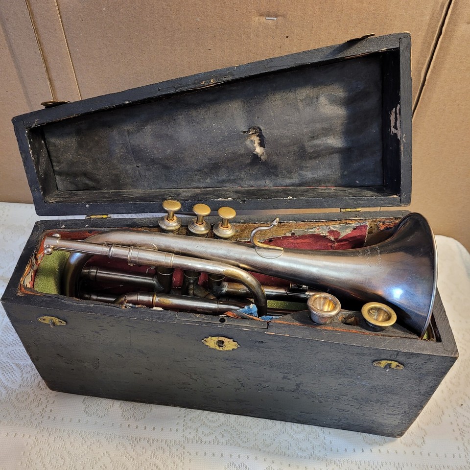 Antique Civil War Cornopean Horn Cornet and Wooden Coffin Case | eBay