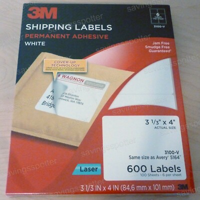 3M White Shipping Labels Cover Up Technology 3-1/3" x 4" Laser 600/Pk ...